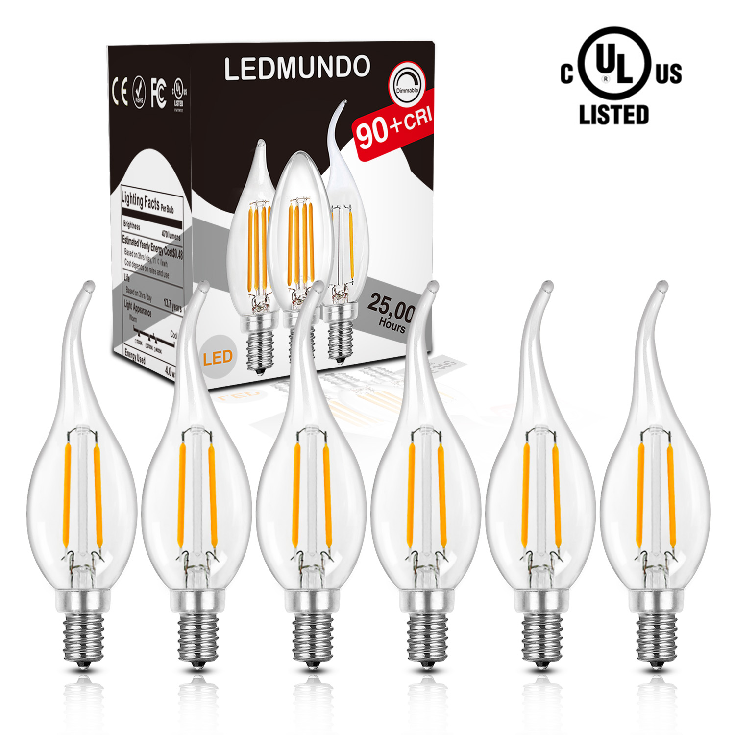 Dimmable Candelabra LED Light Bulbs: 2 Watt, 90+Ra, 2700K Soft White ...